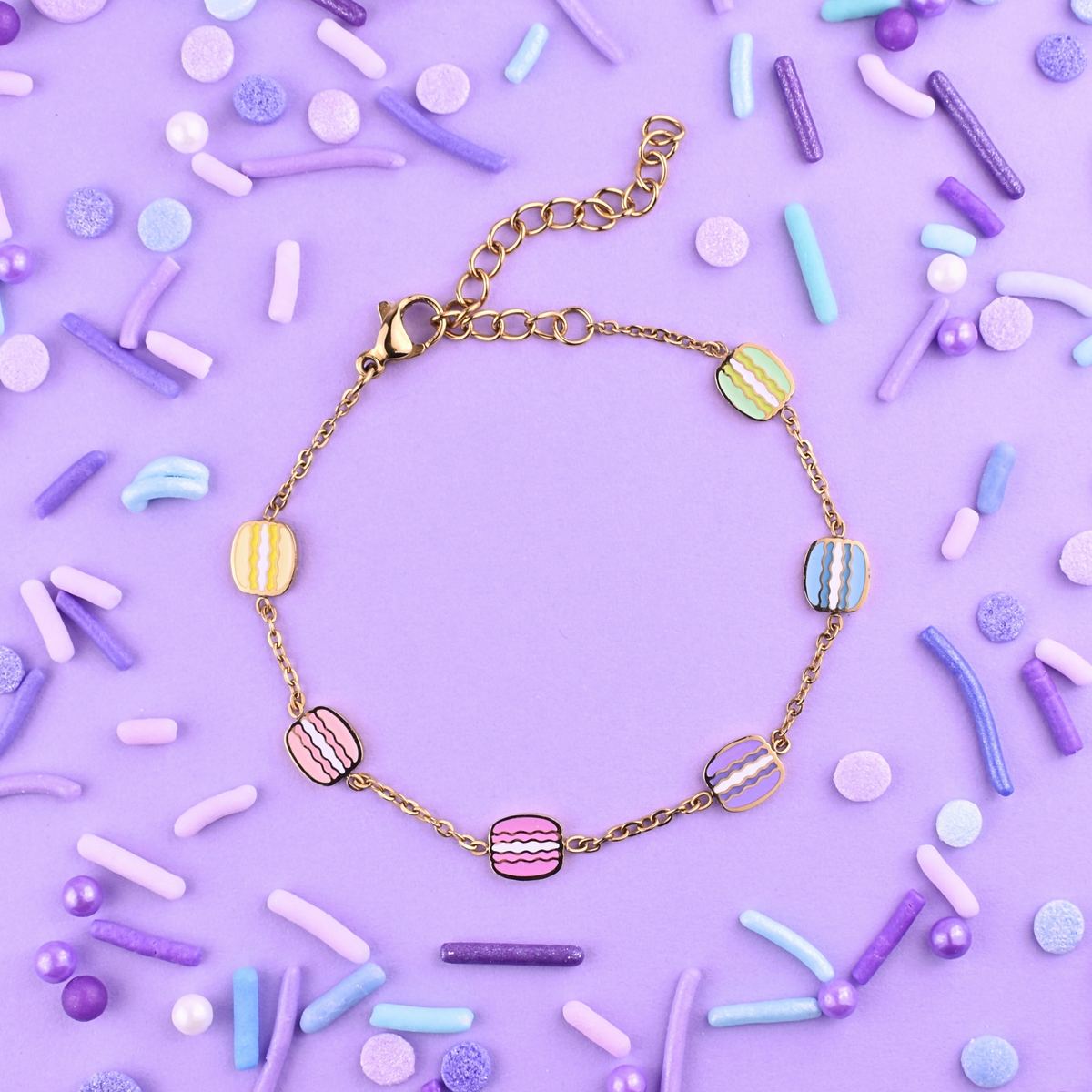 Rainbow Macaron Bracelet, 18k Gold Plating, Stainless Steel, Enamel...