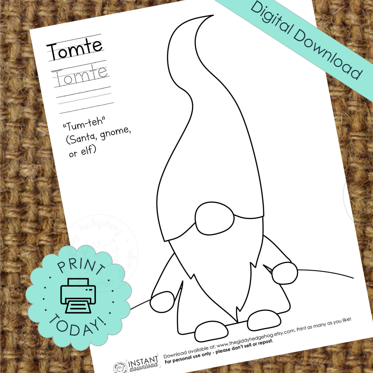 DIY Printable Swedish Tomte Coloring Page Teach Kids Language Learn...