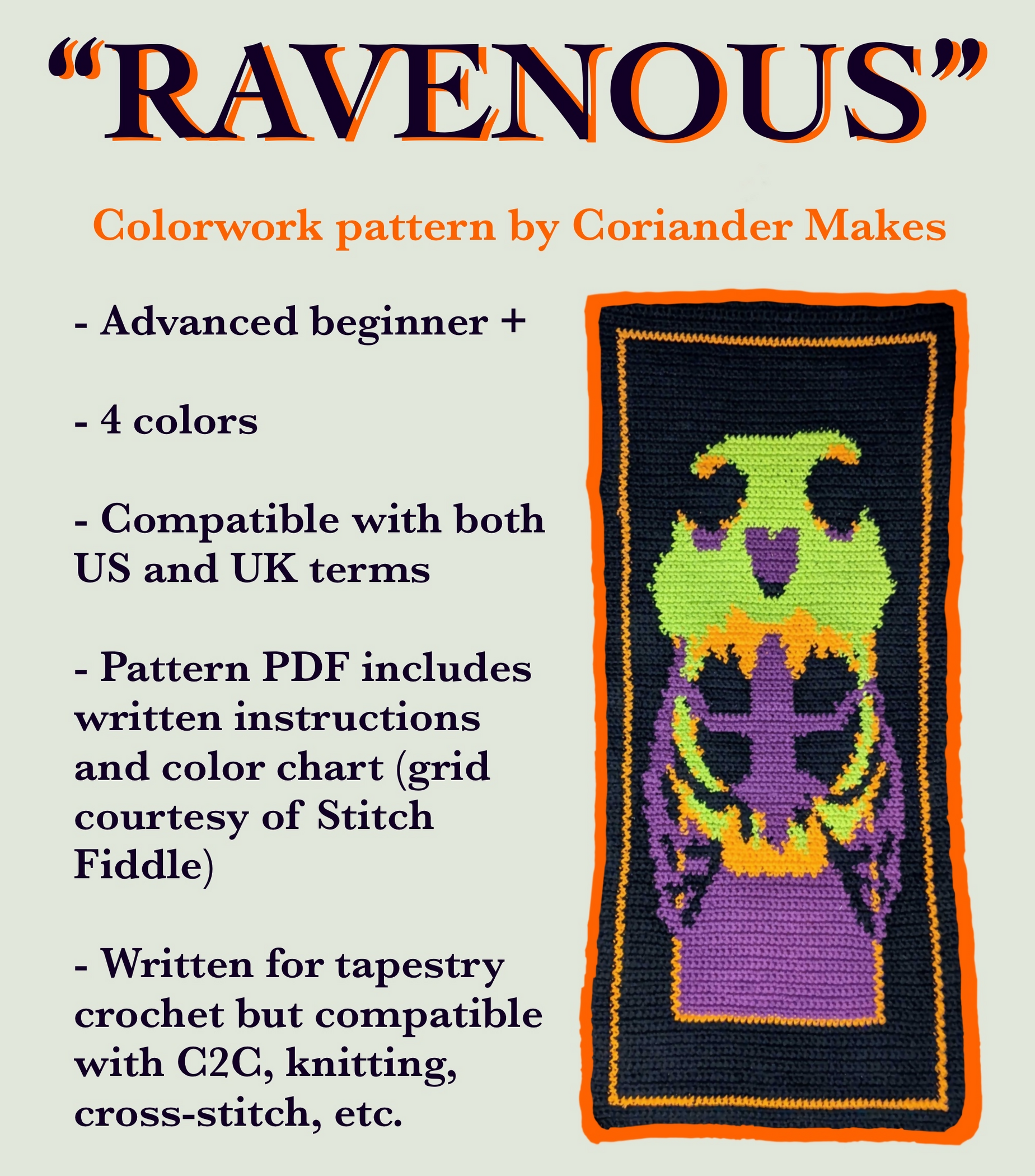 tapestry-crochet-colorwork-pattern-spooky-halloween-skull-bones &n...