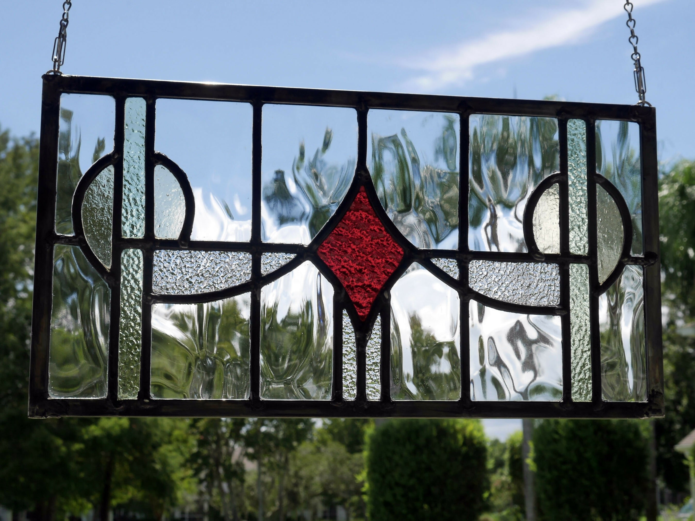 English Style Leaded Glass Panel, Stained Glass Transom, Clear Red ...