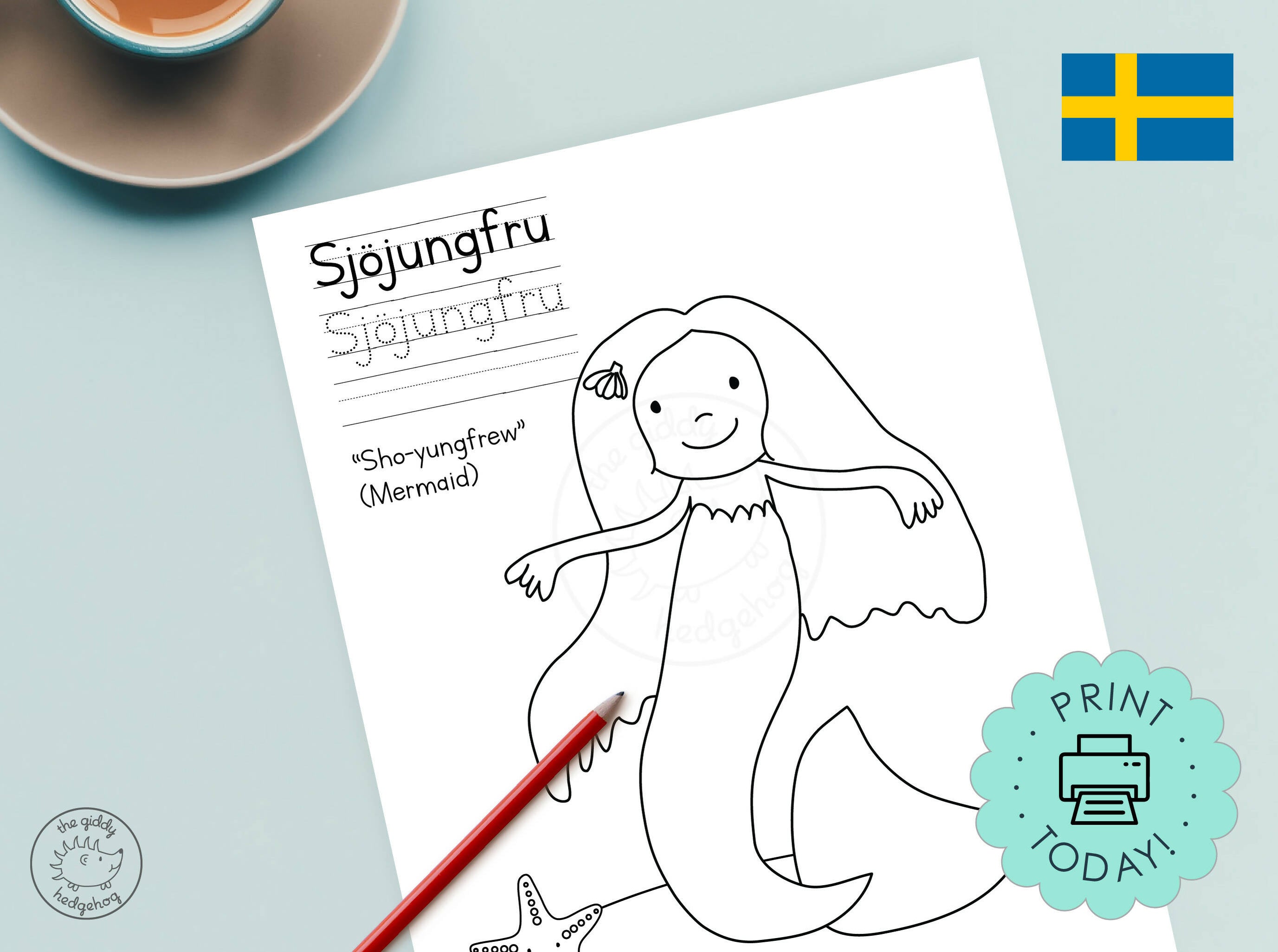 Printable Swedish Mermaid, Swedish Coloring Page, Learn Swedish, Sw...