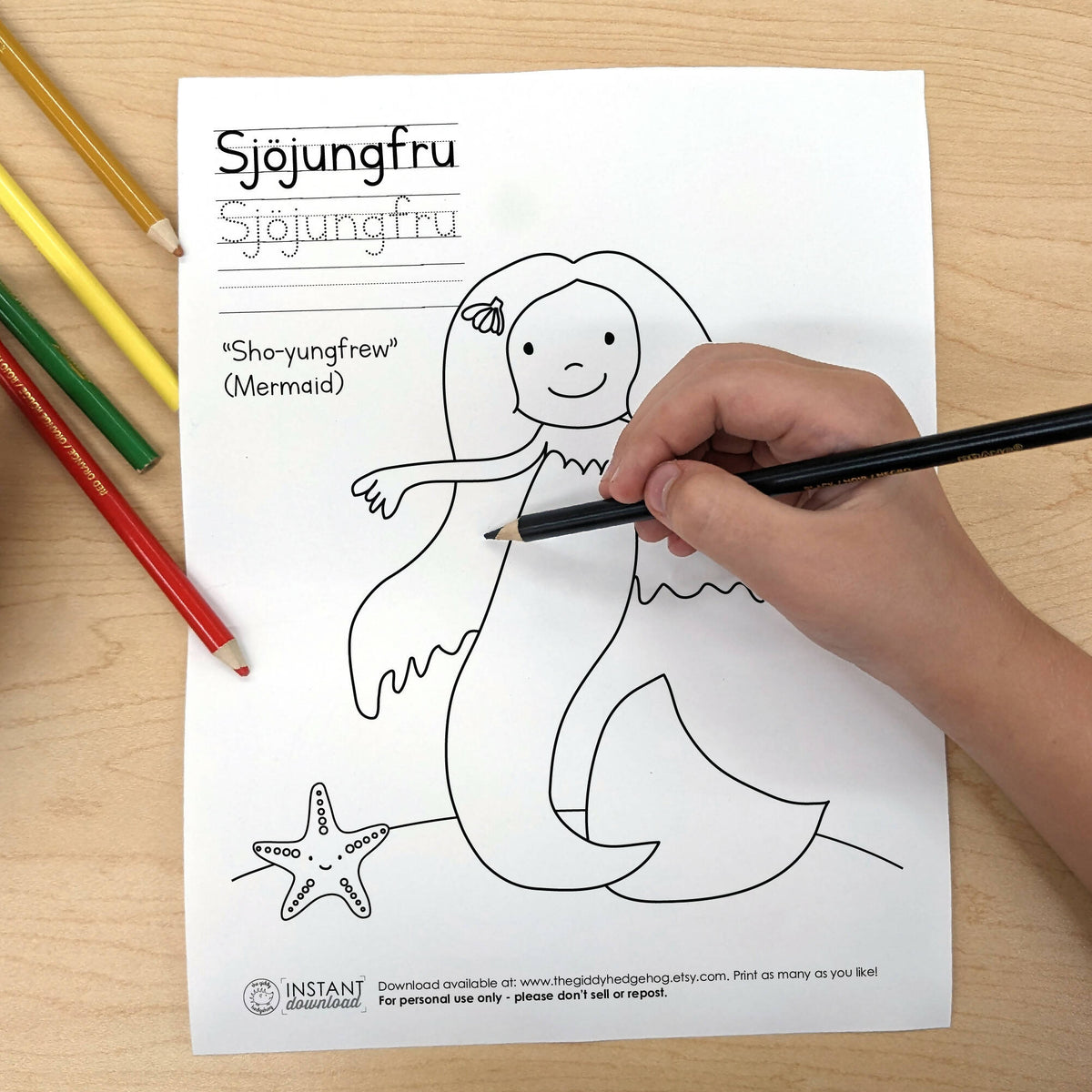 Printable Swedish Mermaid, Swedish Coloring Page, Learn Swedish, Sw...